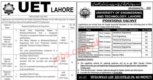 UET Lahore Jobs 1/2022 for Teaching Faculty, Technicians, Caretaker ...