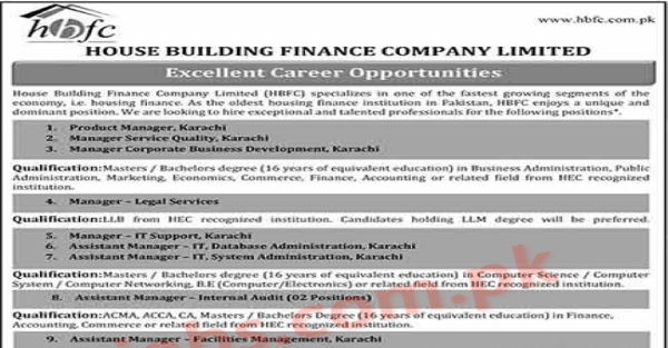 HBFC Pakistan Jobs 2022 for Assistant Managers, Managers and Project ...