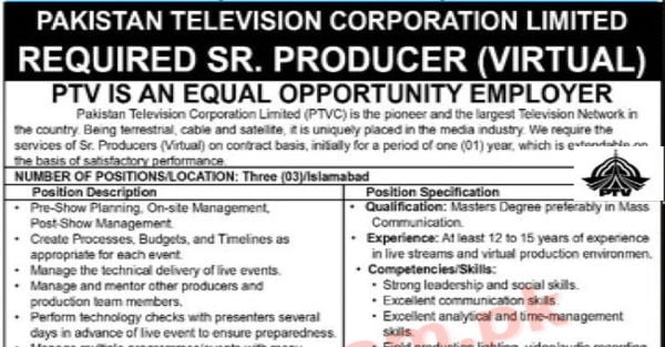 PTV Corporation Producers Jobs 2022 @ ptv.com.pk Apply Online ...