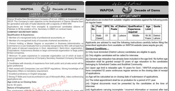 WAPDA Jobs 2022 for Company Secretary and Naib Qasid Vacancies ...