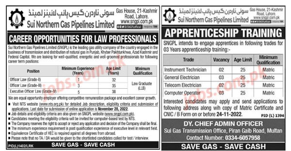 SNGPL Jobs 2022 for Officer and Executive Officer Law / Legal, Trainees ...