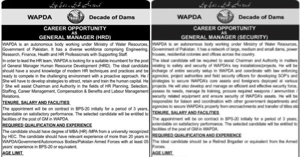 WAPDA Jobs 2023 for General Managers, HRD and Security Vacancies ...