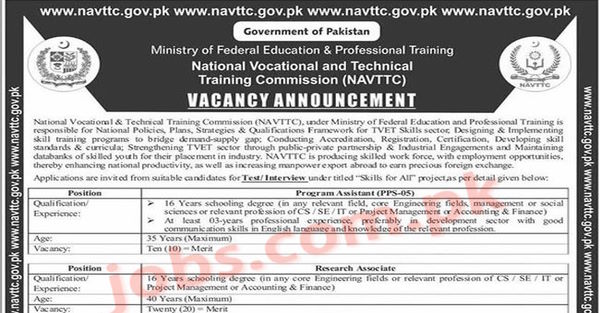 NAVTTC Pakistan Jobs 2023 for Program Assistants and Research ...