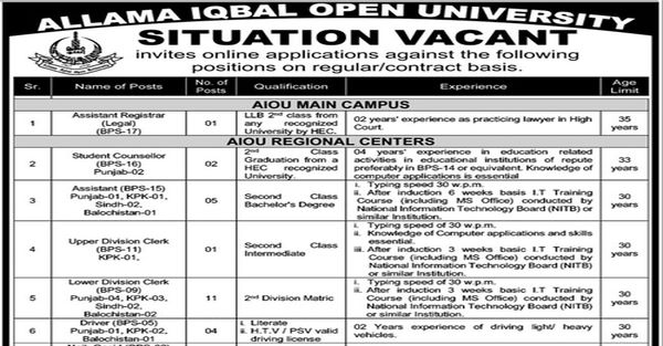 AIOU Jobs 2023 for Student Counsellors, Registrars, Clerks, Drivers ...